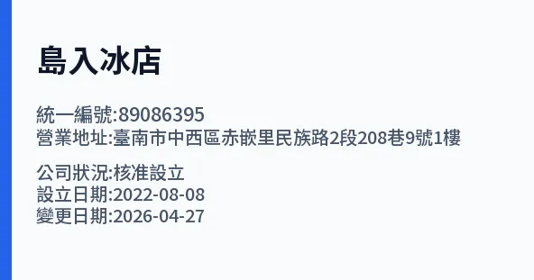島入冰店的照片-統編 89086395(臺南市) 公司登記資料與營業項目詳細圖表