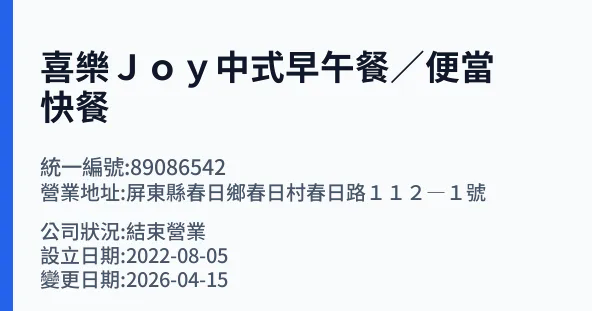 喜樂Ｊｏｙ中式早午餐／便當快餐的照片-統編 89086542(屏東縣) 公司登記資料與營業項目詳細圖表
