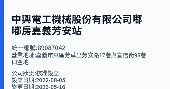 中興電工機械股份有限公司嘟嘟房嘉義芳安站的照片-統編 89087042(嘉義市) 公司登記資料與營業項目詳細圖表