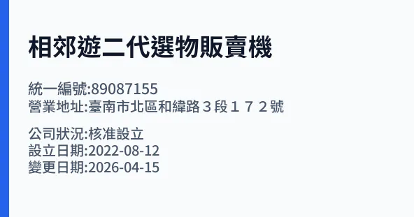相郊遊二代選物販賣機的照片-統編 89087155(臺南市) 公司登記資料與營業項目詳細圖表