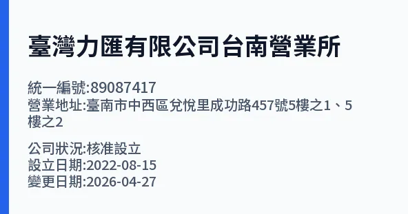 臺灣力匯有限公司台南營業所的照片-統編 89087417(臺南市) 公司登記資料與營業項目詳細圖表