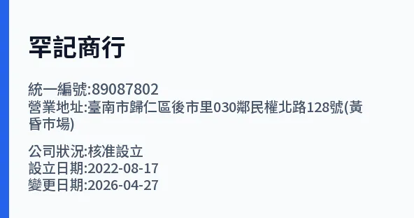 罕記商行的照片-統編 89087802(臺南市) 公司登記資料與營業項目詳細圖表