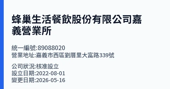 蜂巢生活餐飲股份有限公司嘉義營業所的照片-統編 89088020(嘉義市) 公司登記資料與營業項目詳細圖表
