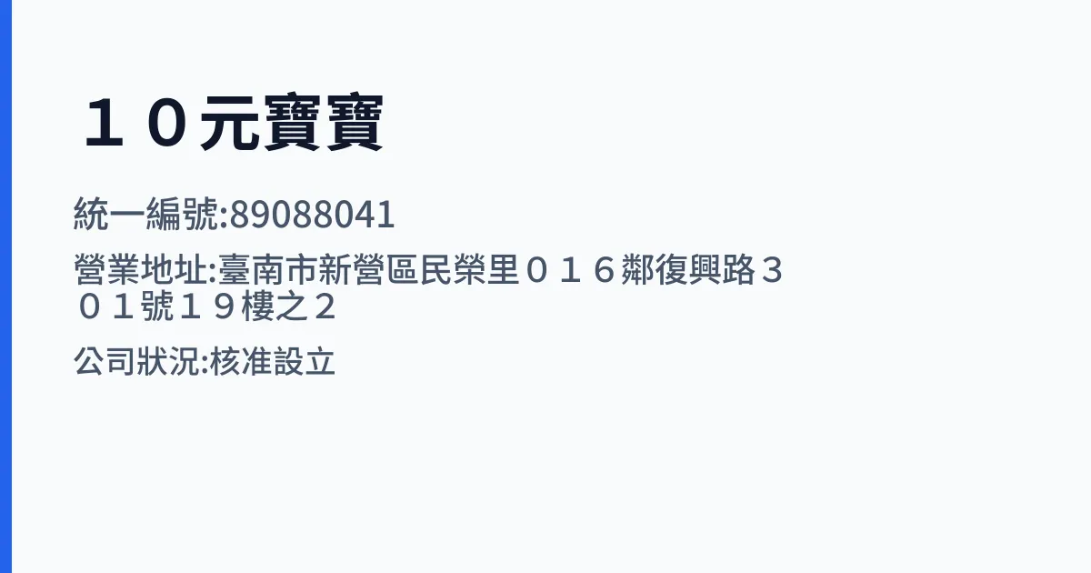 １０元寶寶 - 統編 89088041(臺南市) 公司登記資料與營業項目詳細圖表