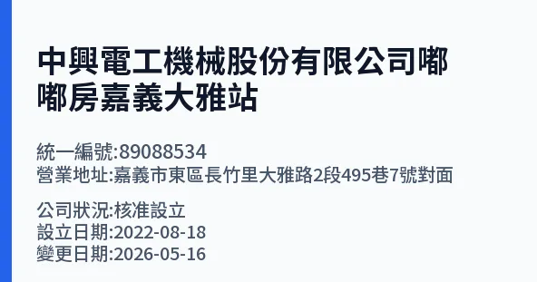 中興電工機械股份有限公司嘟嘟房嘉義大雅站的照片-統編 89088534(嘉義市) 公司登記資料與營業項目詳細圖表