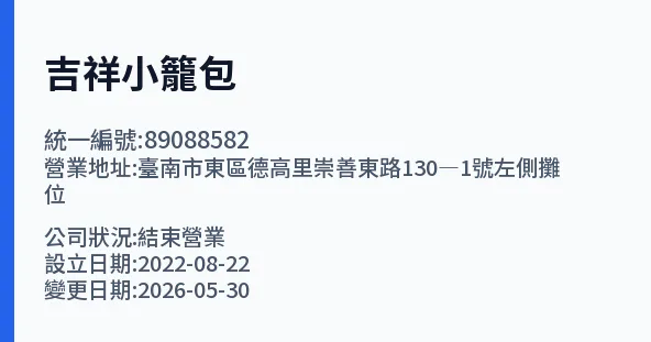 吉祥小籠包的照片-統編 89088582(臺南市) 公司登記資料與營業項目詳細圖表