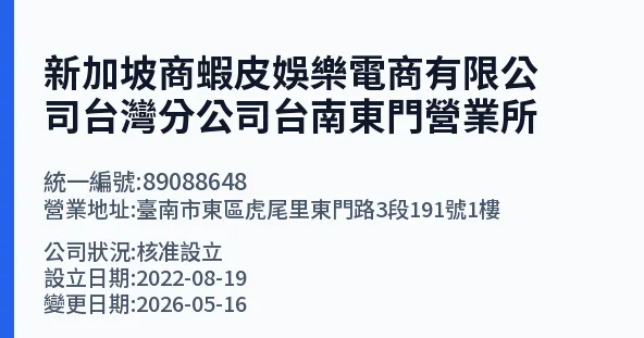 新加坡商蝦皮娛樂電商有限公司台灣分公司台南東門營業所的照片-統編 89088648(臺南市) 公司登記資料與營業項目詳細圖表