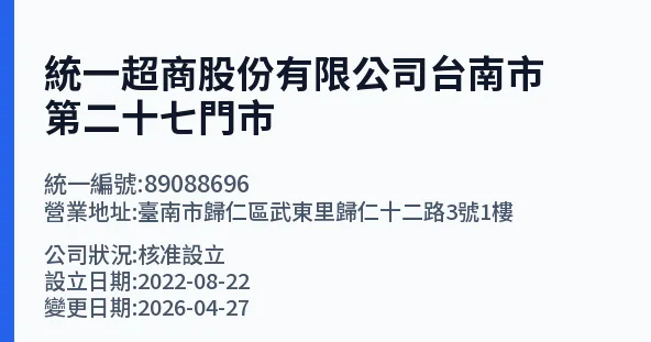 統一超商股份有限公司台南市第二十七門市的照片-統編 89088696(臺南市) 公司登記資料與營業項目詳細圖表
