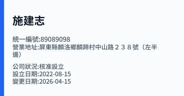 施建志的照片-統編 89089098(屏東縣) 公司登記資料與營業項目詳細圖表