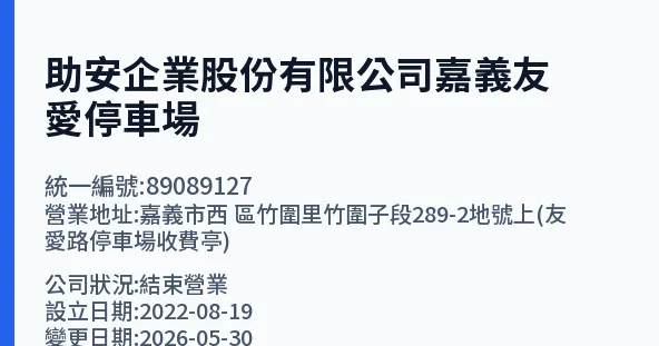 助安企業股份有限公司嘉義友愛停車場的照片-統編 89089127(嘉義市) 公司登記資料與營業項目詳細圖表