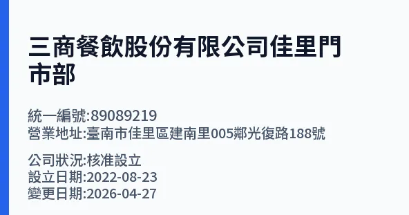 三商餐飲股份有限公司佳里門市部的照片-統編 89089219(臺南市) 公司登記資料與營業項目詳細圖表