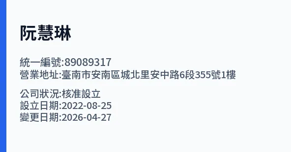 阮慧琳的照片-統編 89089317(臺南市) 公司登記資料與營業項目詳細圖表