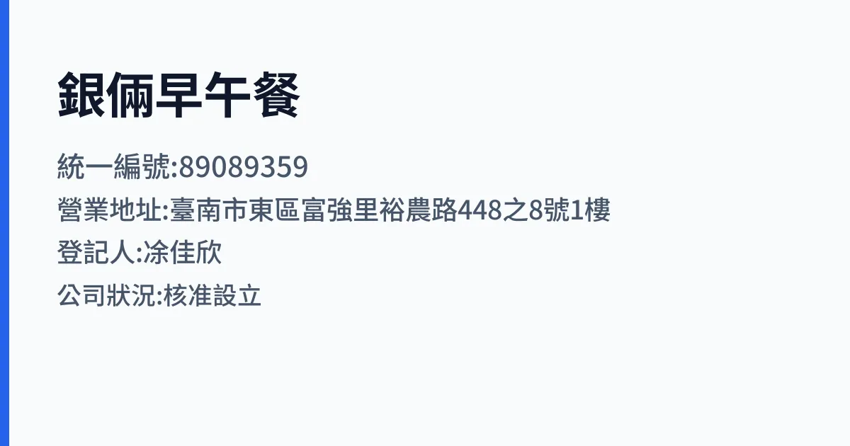 銀倆早午餐 - 統編 89089359(臺南市) 公司登記資料與營業項目詳細圖表