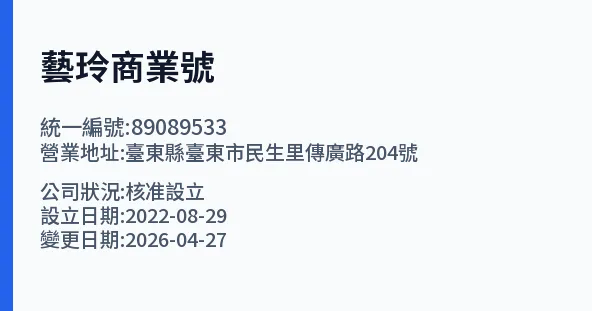 藝玲商業號的照片-統編 89089533(臺東縣) 公司登記資料與營業項目詳細圖表