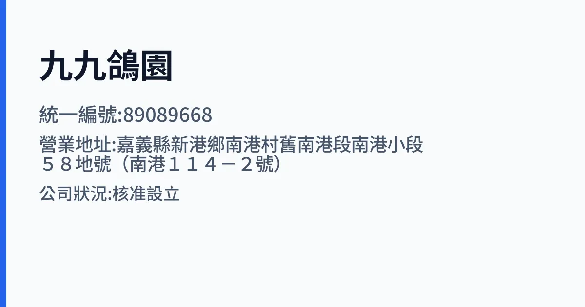 九九鴿園 - 統編 89089668(嘉義縣) 公司登記資料與營業項目詳細圖表