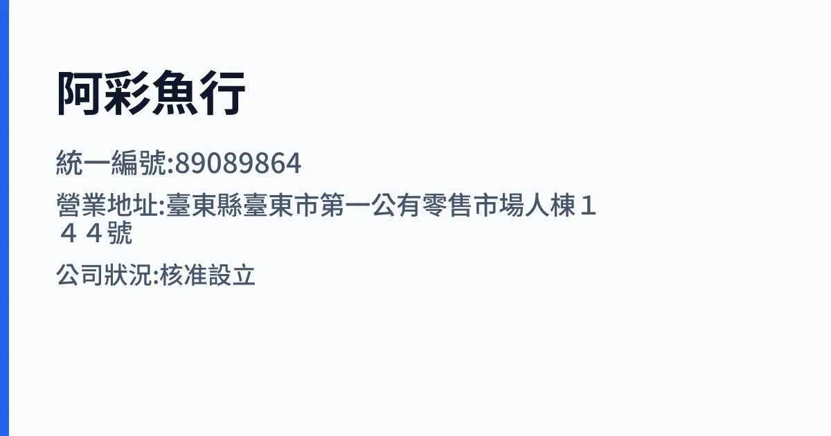 阿彩魚行 - 統編 89089864（臺東縣） 公司登記資料與營業項目詳細圖表