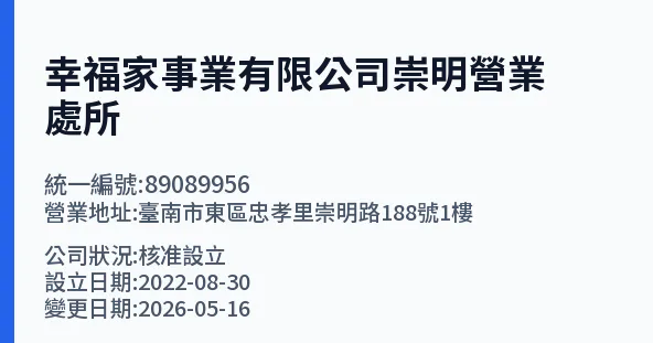 幸福家事業有限公司崇明營業處所的照片-統編 89089956(臺南市) 公司登記資料與營業項目詳細圖表