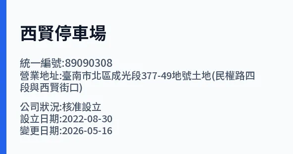 西賢停車場的照片-統編 89090308(臺南市) 公司登記資料與營業項目詳細圖表