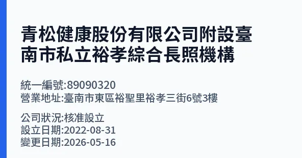 青松健康股份有限公司附設臺南市私立裕孝綜合長照機構的照片-統編 89090320(臺南市) 公司登記資料與營業項目詳細圖表
