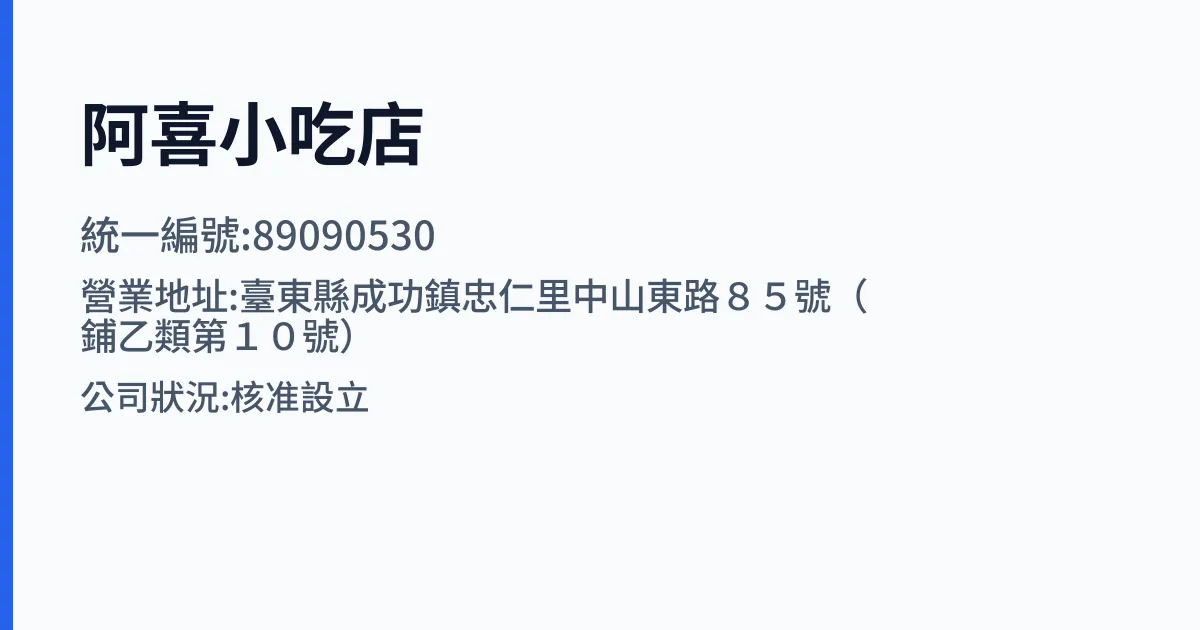 阿喜小吃店 - 統編 89090530(臺東縣) 公司登記資料與營業項目詳細圖表