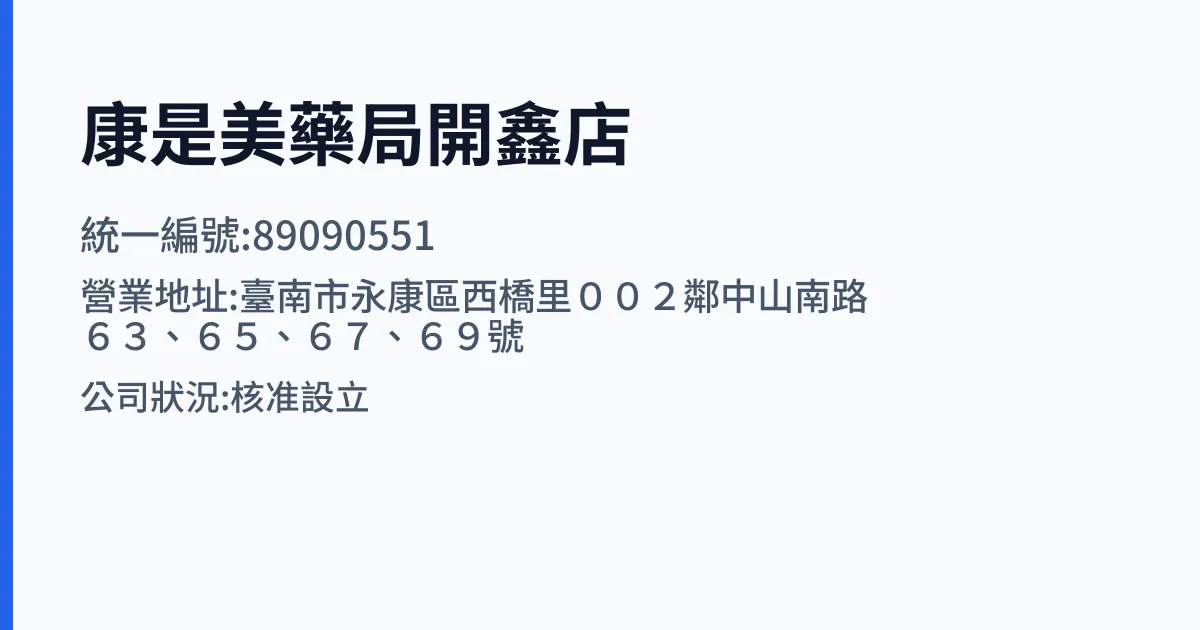 康是美藥局開鑫店 - 統編 89090551(臺南市) 公司登記資料與營業項目詳細圖表