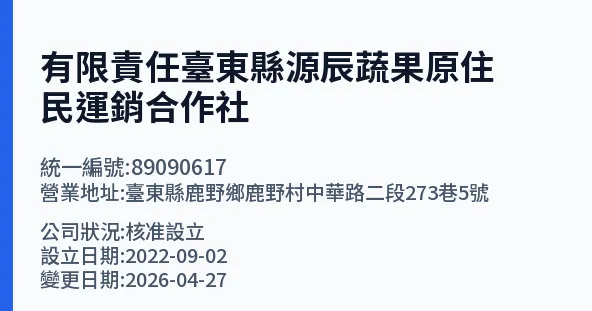 有限責任臺東縣源辰蔬果原住民運銷合作社的照片-統編 89090617(臺東縣) 公司登記資料與營業項目詳細圖表