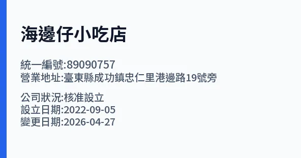 海邊仔小吃店的照片-統編 89090757(臺東縣) 公司登記資料與營業項目詳細圖表