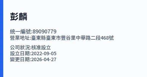 彭麟的照片-統編 89090779(臺東縣) 公司登記資料與營業項目詳細圖表