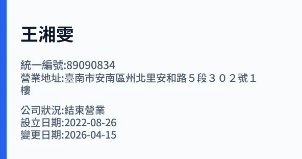 王湘雯的照片-統編 89090834(臺南市) 公司登記資料與營業項目詳細圖表