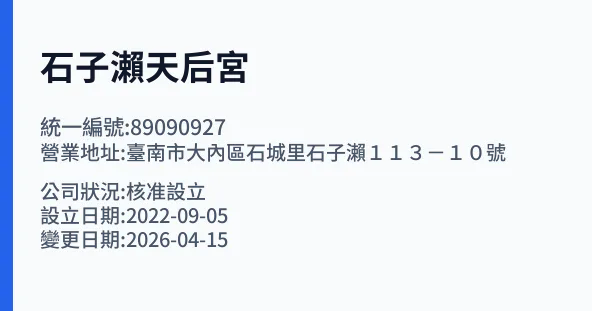 石子瀨天后宮的照片-統編 89090927(臺南市) 公司登記資料與營業項目詳細圖表