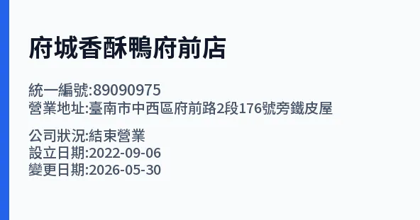 府城香酥鴨府前店的照片-統編 89090975(臺南市) 公司登記資料與營業項目詳細圖表