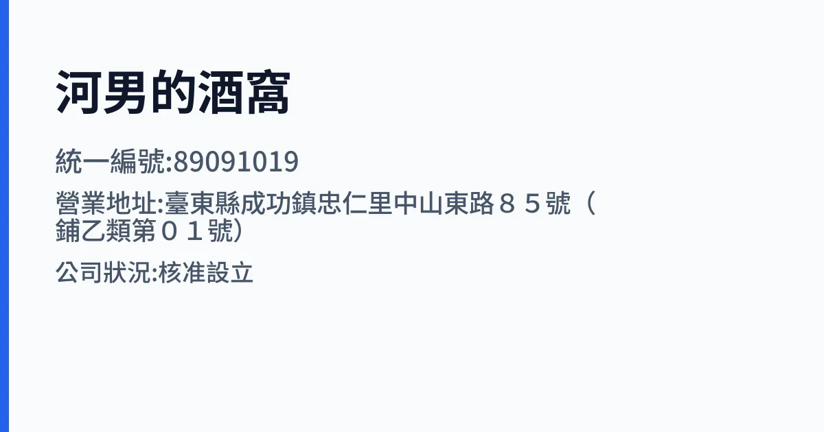 河男的酒窩 - 統編 89091019(臺東縣) 公司登記資料與營業項目詳細圖表