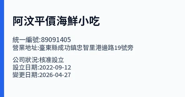 阿汶平價海鮮小吃的照片-統編 89091405(臺東縣) 公司登記資料與營業項目詳細圖表