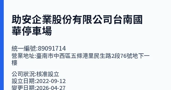 助安企業股份有限公司台南國華停車場的照片-統編 89091714(臺南市) 公司登記資料與營業項目詳細圖表