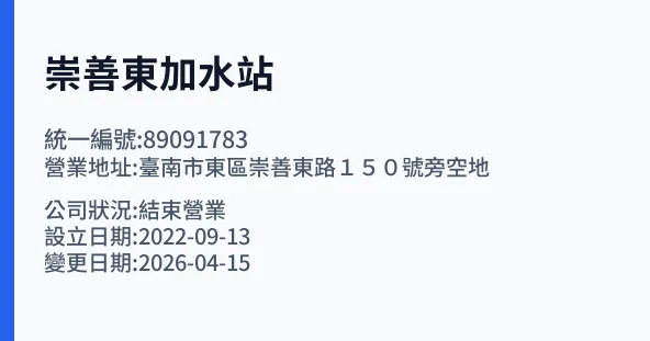 崇善東加水站的照片-統編 89091783(臺南市) 公司登記資料與營業項目詳細圖表