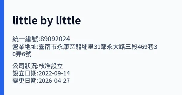 little by little的照片-統編 89092024(臺南市) 公司登記資料與營業項目詳細圖表
