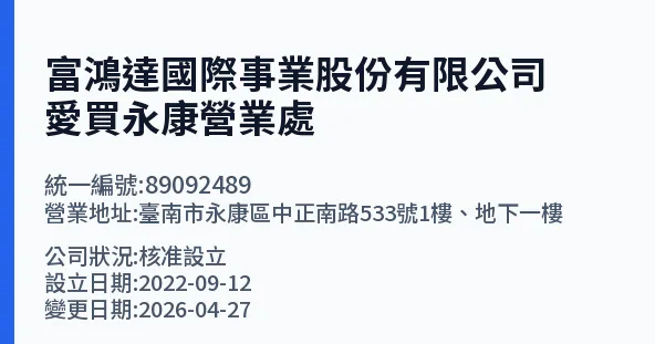 富鴻達國際事業股份有限公司愛買永康營業處的照片-統編 89092489(臺南市) 公司登記資料與營業項目詳細圖表