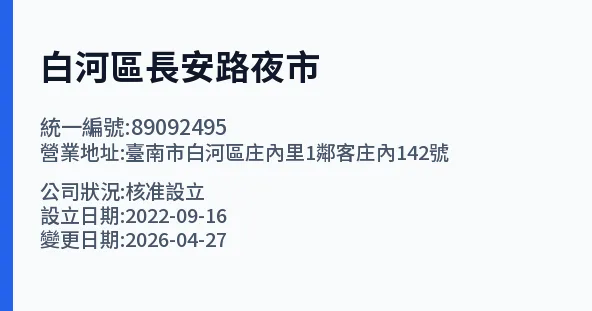 白河區長安路夜市的照片-統編 89092495(臺南市) 公司登記資料與營業項目詳細圖表