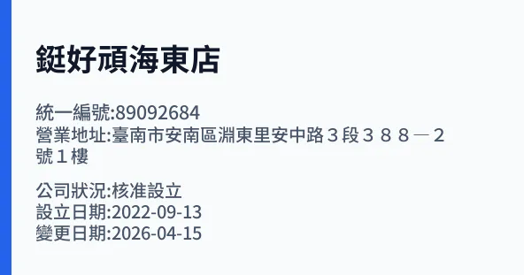 鋌好頑海東店的照片-統編 89092684(臺南市) 公司登記資料與營業項目詳細圖表