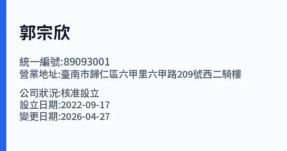 郭宗欣的照片-統編 89093001(臺南市) 公司登記資料與營業項目詳細圖表