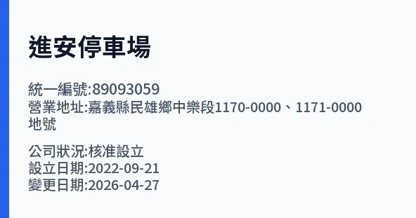 進安停車場的照片-統編 89093059(嘉義縣) 公司登記資料與營業項目詳細圖表