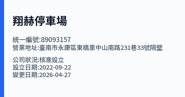 翔赫停車場的照片-統編 89093157(臺南市) 公司登記資料與營業項目詳細圖表