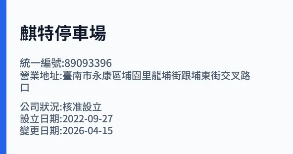 麒特停車場的照片-統編 89093396(臺南市) 公司登記資料與營業項目詳細圖表