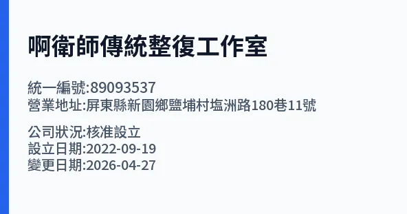 啊衛師傳統整復工作室的照片-統編 89093537(屏東縣) 公司登記資料與營業項目詳細圖表