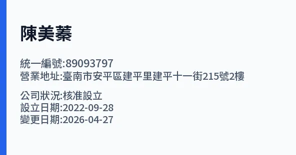 陳美蓁的照片-統編 89093797(臺南市) 公司登記資料與營業項目詳細圖表