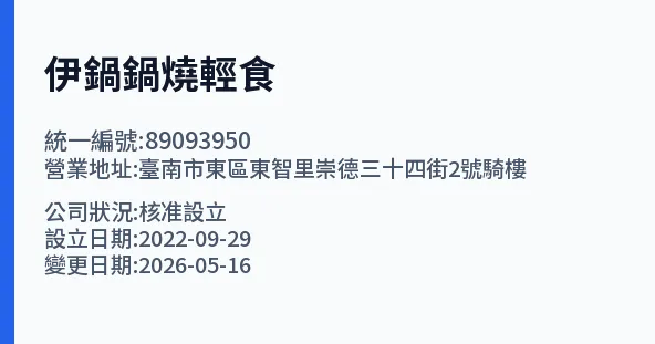 伊鍋鍋燒輕食的照片-統編 89093950(臺南市) 公司登記資料與營業項目詳細圖表