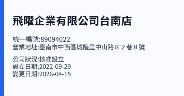 飛曜企業有限公司台南店的照片-統編 89094022(臺南市) 公司登記資料與營業項目詳細圖表