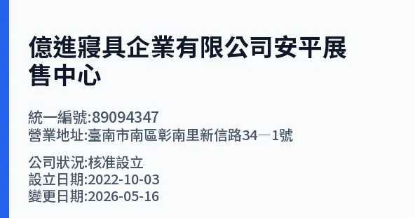 億進寢具企業有限公司安平展售中心的照片-統編 89094347(臺南市) 公司登記資料與營業項目詳細圖表