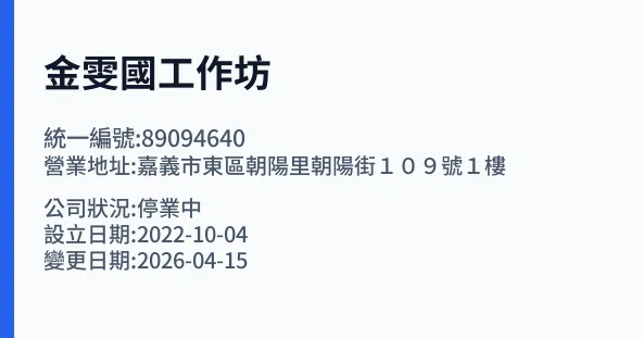 金雯國工作坊的照片-統編 89094640(嘉義市) 公司登記資料與營業項目詳細圖表