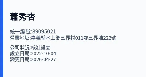 蕭秀杏的照片-統編 89095021(嘉義縣) 公司登記資料與營業項目詳細圖表
